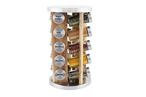 Orii 20 Jar Spice Rack with Spices Included - Tower Organizer for Kitchen Spices and Seasonings, Free Spice Refills for 5 Years (Natural Acacia Wood)