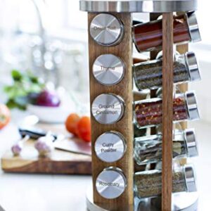 Orii 20 Jar Spice Rack with Spices Included - Tower Organizer for Kitchen Spices and Seasonings, Free Spice Refills for 5 Years (Natural Acacia Wood)