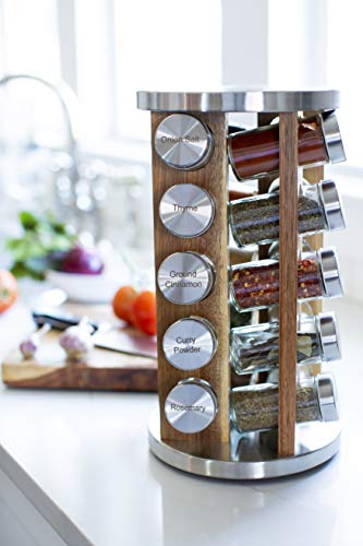 Orii 20 Jar Spice Rack with Spices Included - Tower Organizer for Kitchen Spices and Seasonings, Free Spice Refills for 5 Years (Natural Acacia Wood)