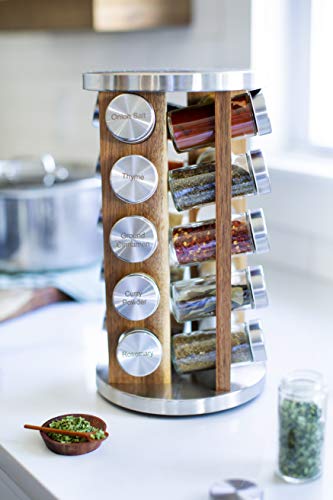 Orii 20 Jar Spice Rack with Spices Included - Tower Organizer for Kitchen Spices and Seasonings, Free Spice Refills for 5 Years (Natural Acacia Wood)