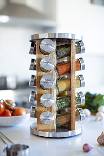 Orii 20 Jar Spice Rack with Spices Included - Tower Organizer for Kitchen Spices and Seasonings, Free Spice Refills for 5 Years (Natural Acacia Wood)