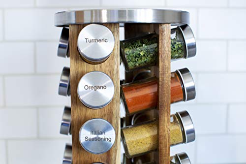 Orii 20 Jar Spice Rack with Spices Included - Tower Organizer for Kitchen Spices and Seasonings, Free Spice Refills for 5 Years (Natural Acacia Wood)