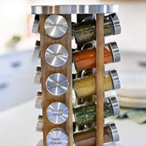 Orii 20 Jar Spice Rack with Spices Included - Tower Organizer for Kitchen Spices and Seasonings, Free Spice Refills for 5 Years (Natural Acacia Wood)