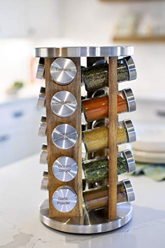 Orii 20 Jar Spice Rack with Spices Included - Tower Organizer for Kitchen Spices and Seasonings, Free Spice Refills for 5 Years (Natural Acacia Wood)