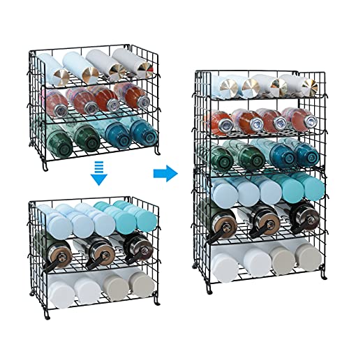 X-cosrack Adjustable Water Bottle Organizer,3-Tier Wall-Mounted Water Bottle Holder, Stackable Water Bottle Storage Rack for Kitchen Countertop,Pantry, Cabinet,Black,3-Tier Medium