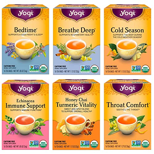 Yogi Tea - Get Well Variety Pack Sampler (6 Pack) - Herbal Teas for Cold and Flu Symptom Support - Caffeine Free - 96 Organic Herbal Tea Bags