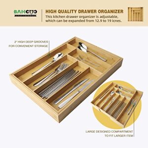 Large expandable Bamboo Drawer Organizer-Kitchen Utensil, Flatware&Silverware Organizer-Wood Adjustable Drawer Organizer for Knives in Kitchen, Bedroom, Living Room Storage Box (12.9-19x18")