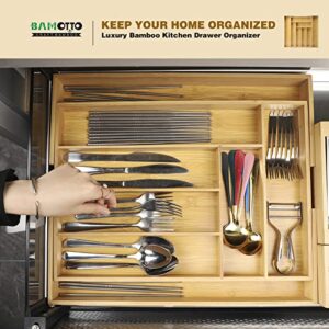 Large expandable Bamboo Drawer Organizer-Kitchen Utensil, Flatware&Silverware Organizer-Wood Adjustable Drawer Organizer for Knives in Kitchen, Bedroom, Living Room Storage Box (12.9-19x18")