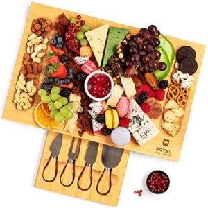 unique bamboo cheese board, charcuterie platter & serving tray including 4 stainless steel knife & thick wooden server – fancy house warming gift & perfect choice for gourmets (bamboo)