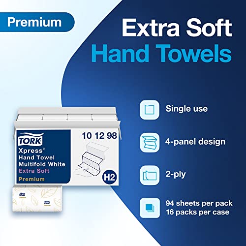 Tork Xpress Extra Soft Multifold Hand Towel White with Blue Leaf H2, Premium, 4-Panel, High Performance, Absorbent, 2-Ply, 16 X 94 Sheets, 101298