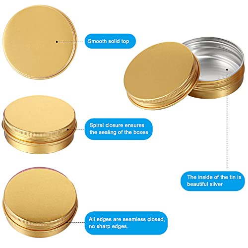 2 oz Salve Tins Metal Tins with Lids Round Tins Containers Candies Tins with 10 Sheets Stickers for Salve Spice Candies Candles Kitchen Office Storage (Gold, 36 Pieces)