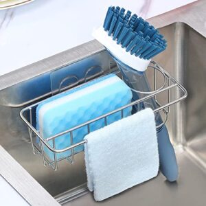 dolris sponge holder for kitchen sink, sink caddy, 3 in 1 adhesive sponge holder + brush holder + dish cloth hanger, sus304 stainless steel rustproof, no drilling, silver