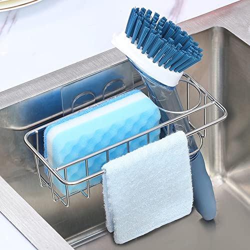 DOLRIS Sponge Holder for Kitchen Sink, Sink Caddy, 3 in 1 Adhesive Sponge Holder + Brush Holder + Dish Cloth Hanger, SUS304 Stainless Steel Rustproof, No Drilling, Silver