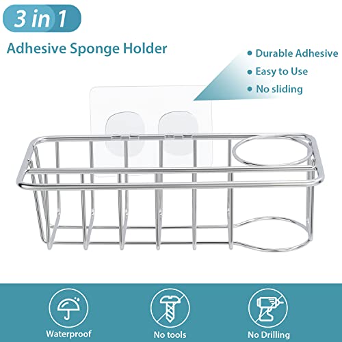 DOLRIS Sponge Holder for Kitchen Sink, Sink Caddy, 3 in 1 Adhesive Sponge Holder + Brush Holder + Dish Cloth Hanger, SUS304 Stainless Steel Rustproof, No Drilling, Silver