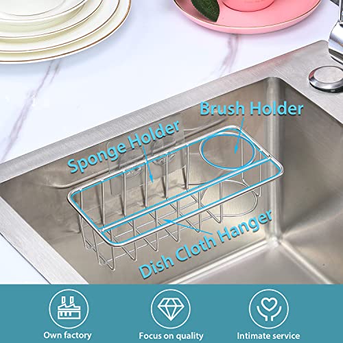 DOLRIS Sponge Holder for Kitchen Sink, Sink Caddy, 3 in 1 Adhesive Sponge Holder + Brush Holder + Dish Cloth Hanger, SUS304 Stainless Steel Rustproof, No Drilling, Silver