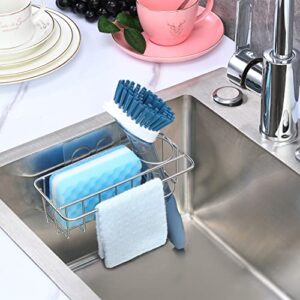 DOLRIS Sponge Holder for Kitchen Sink, Sink Caddy, 3 in 1 Adhesive Sponge Holder + Brush Holder + Dish Cloth Hanger, SUS304 Stainless Steel Rustproof, No Drilling, Silver