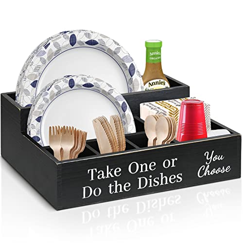 Kitchen Countertop Paper Plate Holders,Paper Plate Organizer Box Utensil Caddy for Kitchen Counter,Wooden Flatware Organizer Silverware Caddy Disposable Dish Holder for Wedding,Party,BBQ(Black)