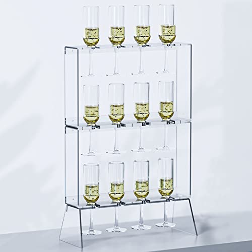 KOLUTI 3-Tier Champagne Wall Holder Stand for Party, Solid Acrylic Wine Glass Rack Floor Standing, 12 Glassware Wall-Mount Stemware Hanging, Drink Tower Shelf for Wedding Birthday Christmas Décor…