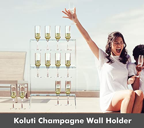 KOLUTI 3-Tier Champagne Wall Holder Stand for Party, Solid Acrylic Wine Glass Rack Floor Standing, 12 Glassware Wall-Mount Stemware Hanging, Drink Tower Shelf for Wedding Birthday Christmas Décor…