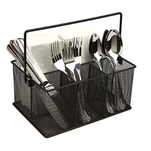 mind reader storage basket organizer, utensil holder, forks, spoons, knives, napkins, perfect for desk supplies, pencil, pens, staples, black, 4 compartments