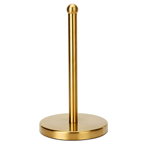 Gold Paper Towel Holder, Easy One-Handed Design for Kitchen Stand Paper Towel Dispenser, Sturdy Base for Standard Paper Towel Rolls and Mega Paper Towel Roll (Gold - Stainless Steel Base)