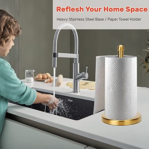 Gold Paper Towel Holder, Easy One-Handed Design for Kitchen Stand Paper Towel Dispenser, Sturdy Base for Standard Paper Towel Rolls and Mega Paper Towel Roll (Gold - Stainless Steel Base)