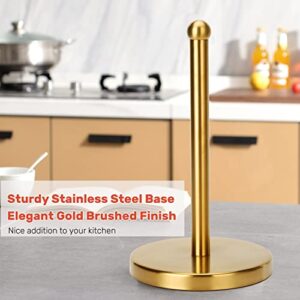 Gold Paper Towel Holder, Easy One-Handed Design for Kitchen Stand Paper Towel Dispenser, Sturdy Base for Standard Paper Towel Rolls and Mega Paper Towel Roll (Gold - Stainless Steel Base)