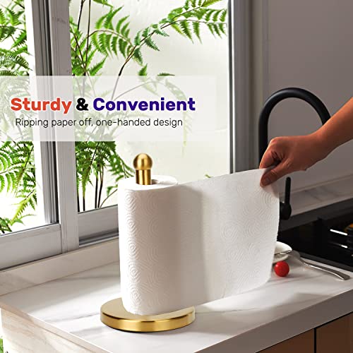 Gold Paper Towel Holder, Easy One-Handed Design for Kitchen Stand Paper Towel Dispenser, Sturdy Base for Standard Paper Towel Rolls and Mega Paper Towel Roll (Gold - Stainless Steel Base)