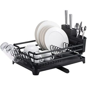 rttrao luling aluminum dish drying rack, rustproof sink dish rack and drainboard set, dish drainer with adjustable swivel spout, removable utensil holder and drainboard – black