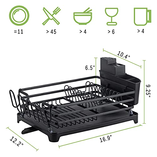 RTTRAO Luling Aluminum Dish Drying Rack, Rustproof Sink Dish Rack and Drainboard Set, Dish Drainer with Adjustable Swivel Spout, Removable Utensil Holder and Drainboard - Black