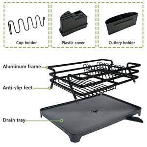 RTTRAO Luling Aluminum Dish Drying Rack, Rustproof Sink Dish Rack and Drainboard Set, Dish Drainer with Adjustable Swivel Spout, Removable Utensil Holder and Drainboard - Black