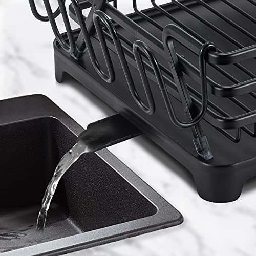 RTTRAO Luling Aluminum Dish Drying Rack, Rustproof Sink Dish Rack and Drainboard Set, Dish Drainer with Adjustable Swivel Spout, Removable Utensil Holder and Drainboard - Black