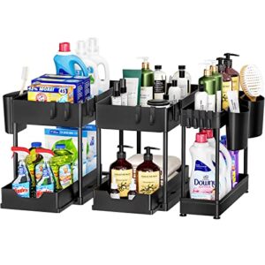 3 pack puricon under sink organizer pull out under sink storage, 2 tier multi-purpose sliding under the sink organizer bathroom kitchen sink organizer under cabinet shelf for cleaning supplies -black