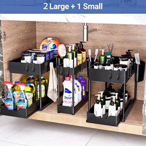 3 Pack Puricon Under Sink Organizer Pull Out Under Sink Storage, 2 Tier Multi-Purpose Sliding Under the Sink Organizer Bathroom Kitchen Sink Organizer Under Cabinet Shelf for Cleaning Supplies -Black