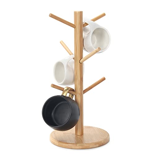 Coffee Mug Holder for Counter, Bamboo Coffee Mug Tree Stand, Removable Coffee Mug Rack with 6 Hooks Mug Shelf, Coffee Cup Holder, Can be Used as Bracelet Jewelry Holder, Scrunchie Holder Organizer