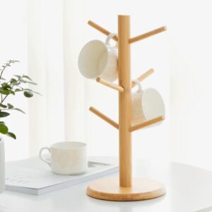 Coffee Mug Holder for Counter, Bamboo Coffee Mug Tree Stand, Removable Coffee Mug Rack with 6 Hooks Mug Shelf, Coffee Cup Holder, Can be Used as Bracelet Jewelry Holder, Scrunchie Holder Organizer