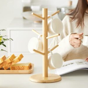 Coffee Mug Holder for Counter, Bamboo Coffee Mug Tree Stand, Removable Coffee Mug Rack with 6 Hooks Mug Shelf, Coffee Cup Holder, Can be Used as Bracelet Jewelry Holder, Scrunchie Holder Organizer