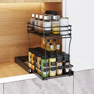 pull out snack cupboard organizers with two tier sliding small spice rack for inside cabinet,under kitchen bathroom sink drawer organization baskets and storage fits spices, sauces, cans (10″x8″x8″)