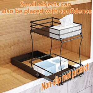 Pull Out Snack Cupboard Organizers with Two Tier Sliding Small Spice Rack for Inside Cabinet,Under Kitchen Bathroom Sink Drawer Organization Baskets and Storage Fits Spices, Sauces, Cans (10"x8"x8")