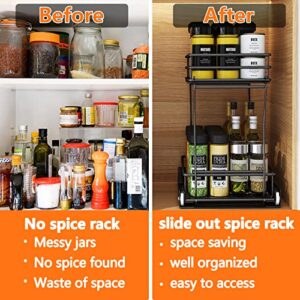 Pull Out Snack Cupboard Organizers with Two Tier Sliding Small Spice Rack for Inside Cabinet,Under Kitchen Bathroom Sink Drawer Organization Baskets and Storage Fits Spices, Sauces, Cans (10"x8"x8")