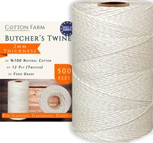 cotton farm cooking twine, 500 feet string, 0.1 inch (2mm) thickness, twisted (extra strong), 100% unbleached cotton – butchers choice for cooking