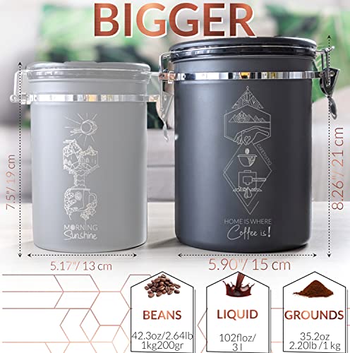 Extra Large 38oz Beans / 35oz Grounds Coffee Canister - Coffee Storage Container Tea Flour, Airtight Stainless Steel with Date Dial Release Valve Spoon