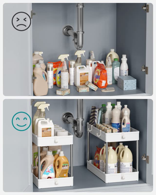 SONGMICS Under Sink Organizers and Storage, 2-Tier Bathroom Organizer Under Sink, Under Cabinet Storage, Kitchen Cabinet Organizers and Storage, 15.7 x 8.7 x 12.2 Inches, White UBUO001W01