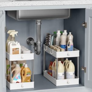 SONGMICS Under Sink Organizers and Storage, 2-Tier Bathroom Organizer Under Sink, Under Cabinet Storage, Kitchen Cabinet Organizers and Storage, 15.7 x 8.7 x 12.2 Inches, White UBUO001W01