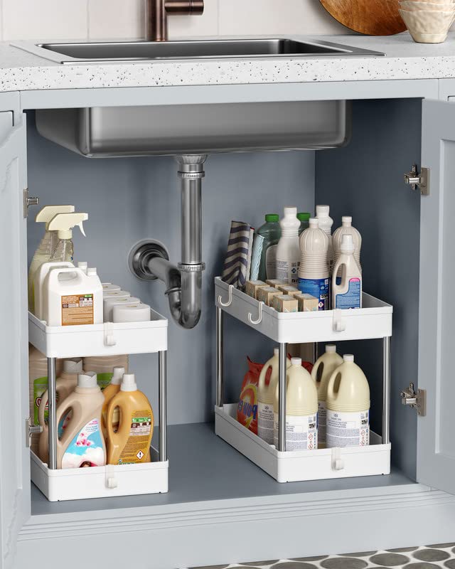 SONGMICS Under Sink Organizers and Storage, 2-Tier Bathroom Organizer Under Sink, Under Cabinet Storage, Kitchen Cabinet Organizers and Storage, 15.7 x 8.7 x 12.2 Inches, White UBUO001W01