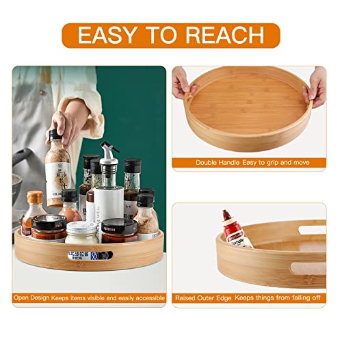 Lazy Susan Organizer 14 inch, Bamboo Lazy Susan for Table, Kitchen Turntable Organizer with Double Handles, Round Wood Rotating Turntable Spice Organizer for Countertop Cabinet or Pantry