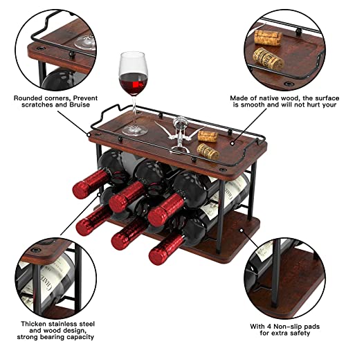 Visentor Countertop Wine Rack, 2 Tier Wood Metal Wine Racks Free Standing Floor, Tabletop Wine Bottle & Cork Holder Organizer, for Bar Decor, Kitchen Pantry Cabinet, Can Hold 6 Wine Bottles