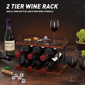 Visentor Countertop Wine Rack, 2 Tier Wood Metal Wine Racks Free Standing Floor, Tabletop Wine Bottle & Cork Holder Organizer, for Bar Decor, Kitchen Pantry Cabinet, Can Hold 6 Wine Bottles