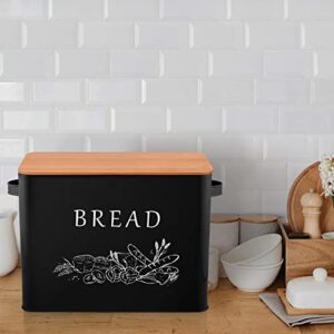 TeamFar Bread Box with Wooden Lid, 13.1” x 7.2” x 9.7” Metal Bread Container Storage Holder for Family Farmhouse Kitchen Countertop, Powder-Coated & Healthy, Large Capacity & Classic Pattern (Black)