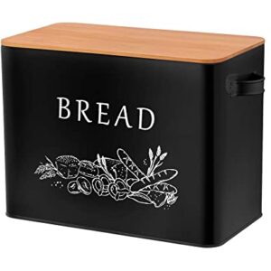 TeamFar Bread Box with Wooden Lid, 13.1” x 7.2” x 9.7” Metal Bread Container Storage Holder for Family Farmhouse Kitchen Countertop, Powder-Coated & Healthy, Large Capacity & Classic Pattern (Black)